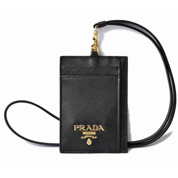 Prada | Bags | Prada Card Case Neck Strap Badge Holder Black | Poshmark